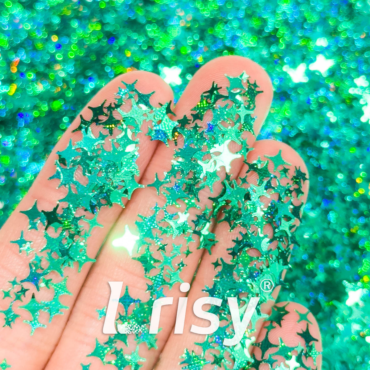 3/4/5mm Four Pointed Star Mixed Starlight Holographic Teal Green Glitt