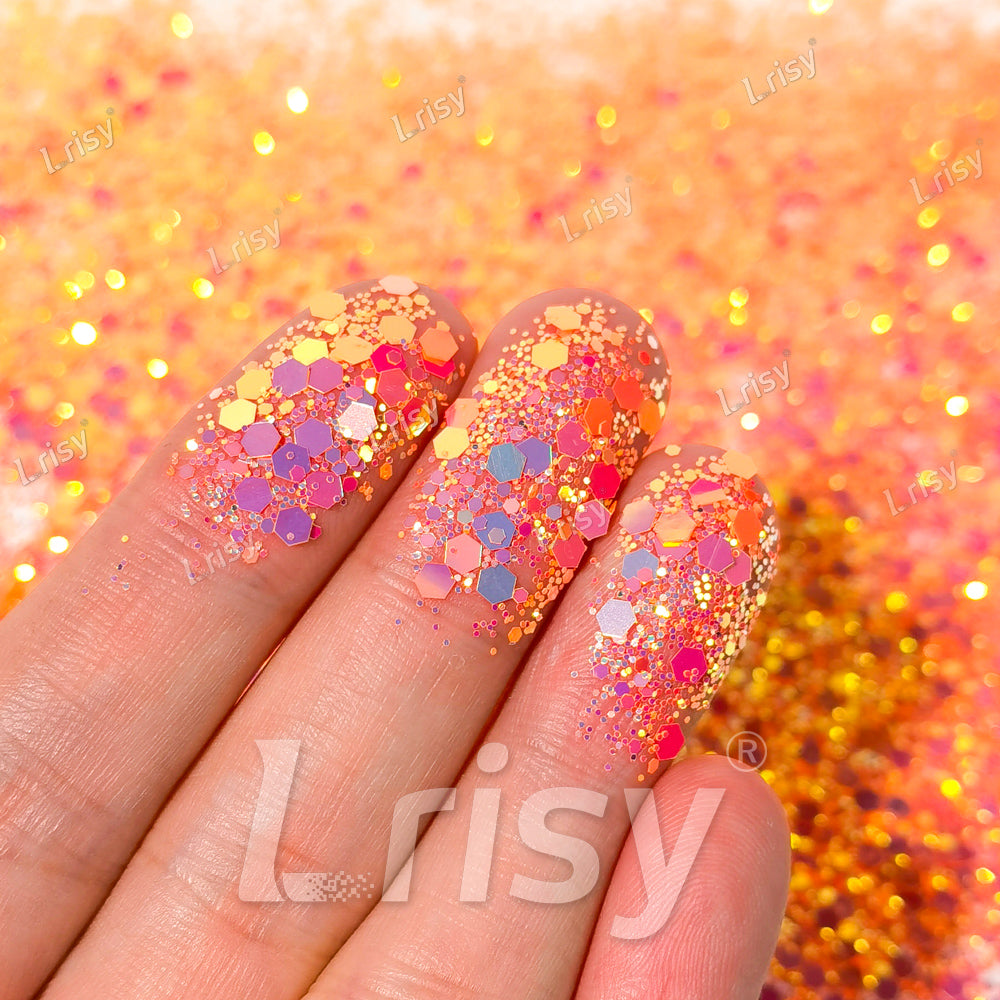 High Brightness Fluorescent Iridescent Orange Red Chunky Mixed Glitter