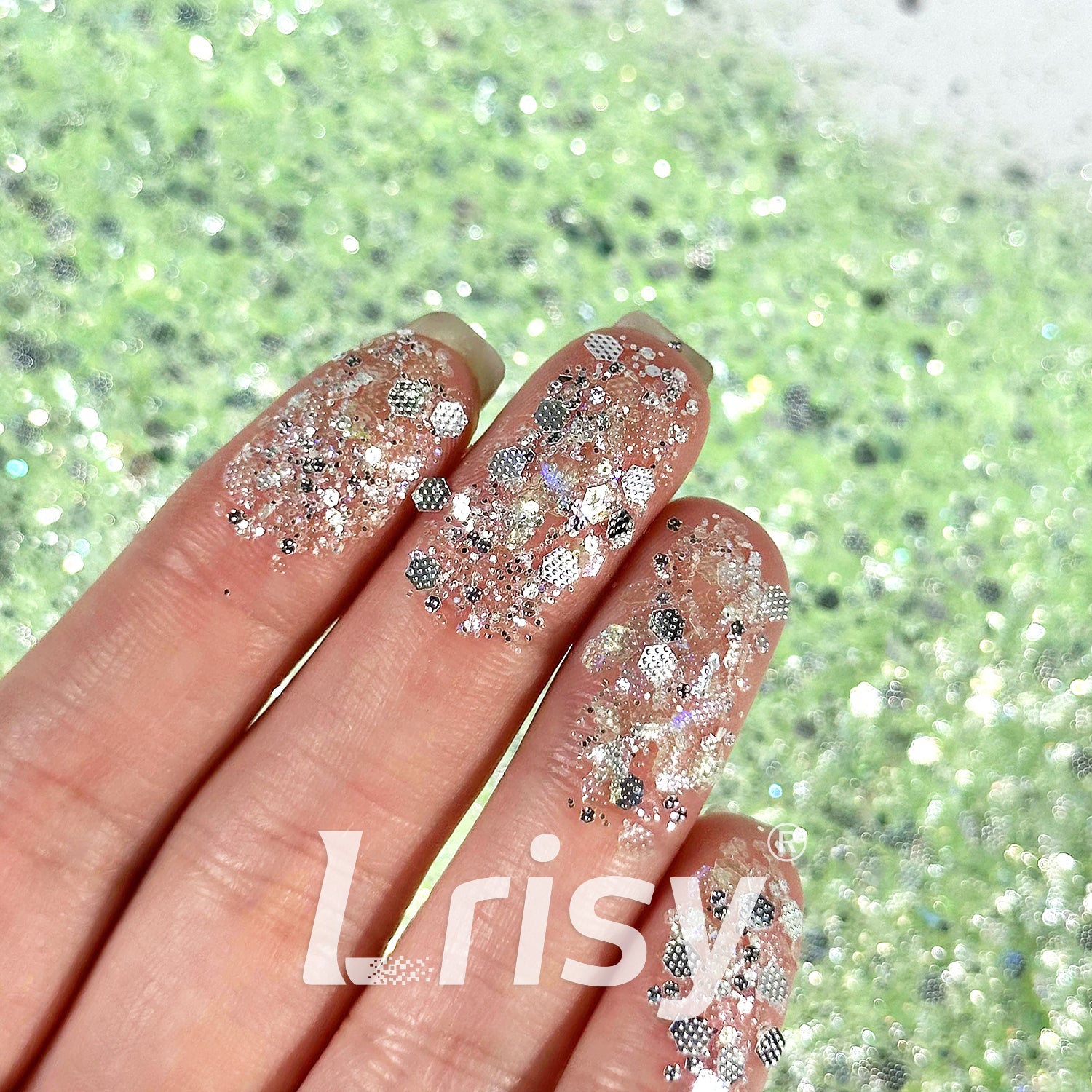 General Mixed Embossing Light Green Iridescent Hexagon Shape Glitter Y