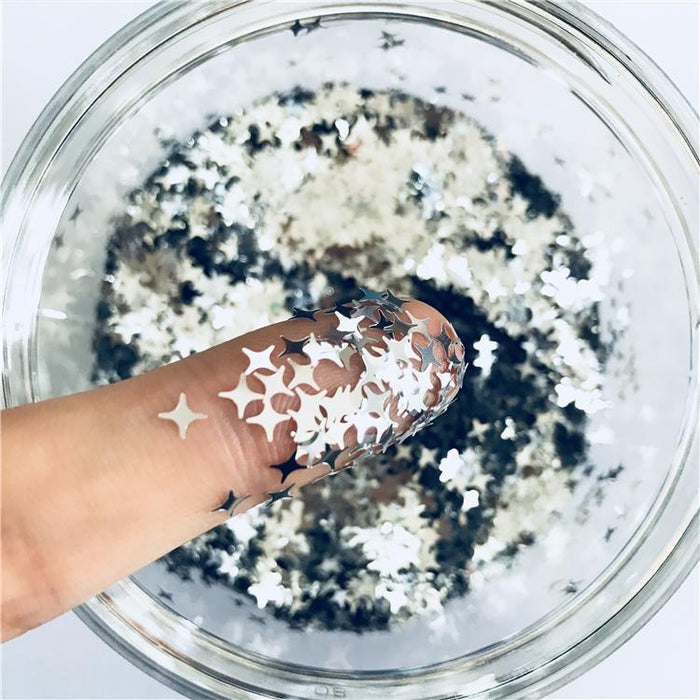 3/4/5mm Four Pointed Star Shapes Silver Glitter B0100
