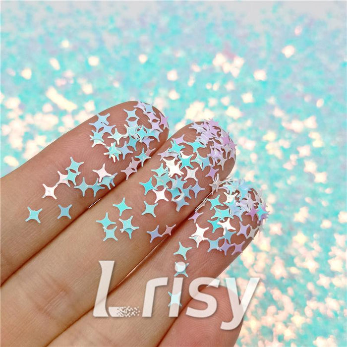 3/4/5mm Four Pointed Star Shaped Ice Blue Iridescent Glitter C021R