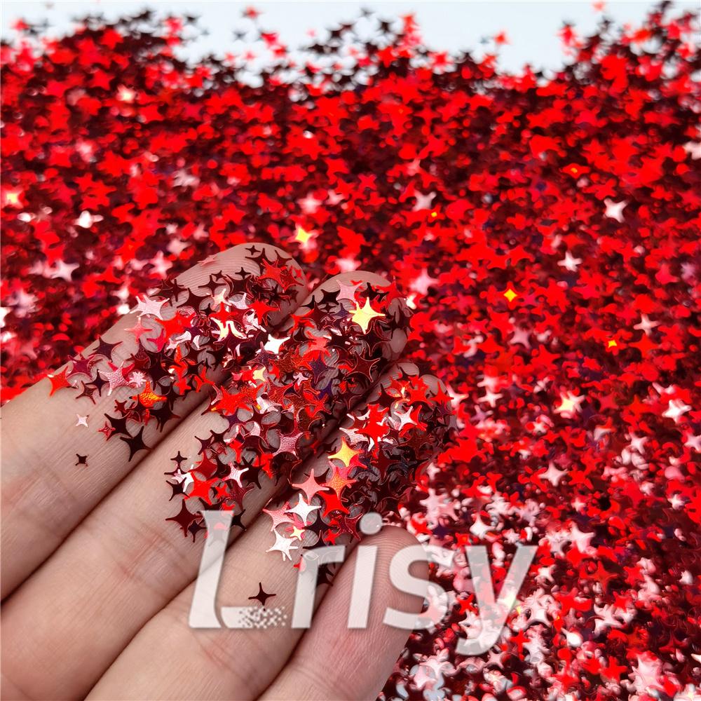 3/4/5mm Mixed Four Pointed Star Shapes Laser Red Glitter LB0300